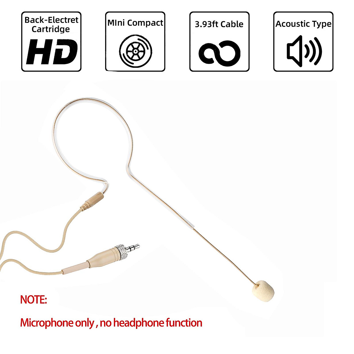 Sujeetec Headset Headworn Microphone - 3.5mm Screw Lock Head Microphone for Sennheiser Wireless System & Bodypack Transmitter – Beige Single Earhook Omnidirectional Headset Head Mic