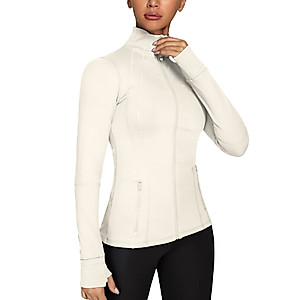 GYM RAINBOW Women's Lightweight Running Jackets Cottony-Soft 4-Way Stretch Zip up Slim Fit Workout Yoga Athletic Jacket(A-Ivory White,Large)