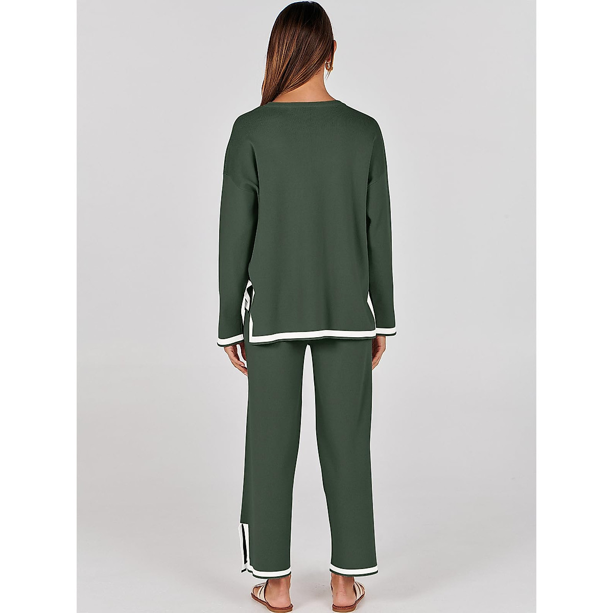 ANRABESS Women's Two Piece Outfits Long Sleeve Knit Pullover Sweater Tops & Wide leg Pants Casual Lounge Matching Sweatsuit Tracksuits Sets Army Green Large