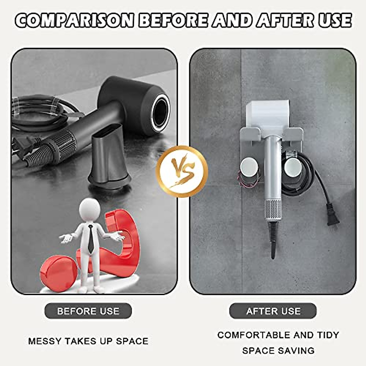 Hair Dryer Holder Wall Mounted, Self Adhesive Blow Dryer Holder with Wire Organizer, Bathroom Hair Dryer Rack for Most Hair Dryers, Removable Hair Care Tool Holder (Gray)