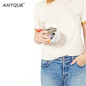 ANTQUE 1 PCS Disco Ball Cup with Straws, Tumbler Reusable Disco Flash Ball Cups for Party, Cocktail Ball Cups Spherical with Lid and Straw Wine Cups for Nightclub Bar Party Decor(Silver)