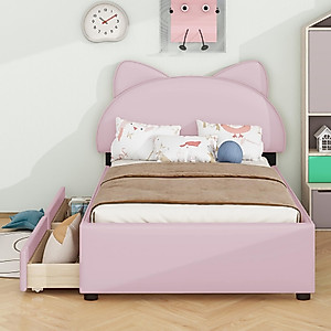 i-POOK Twin Bed Frame for Children, Upholstered Platform Bed with Cat Ears Shaped Headboard and 2 Drawers, Twin Size Storage Bed for Boys and Girls, Pink