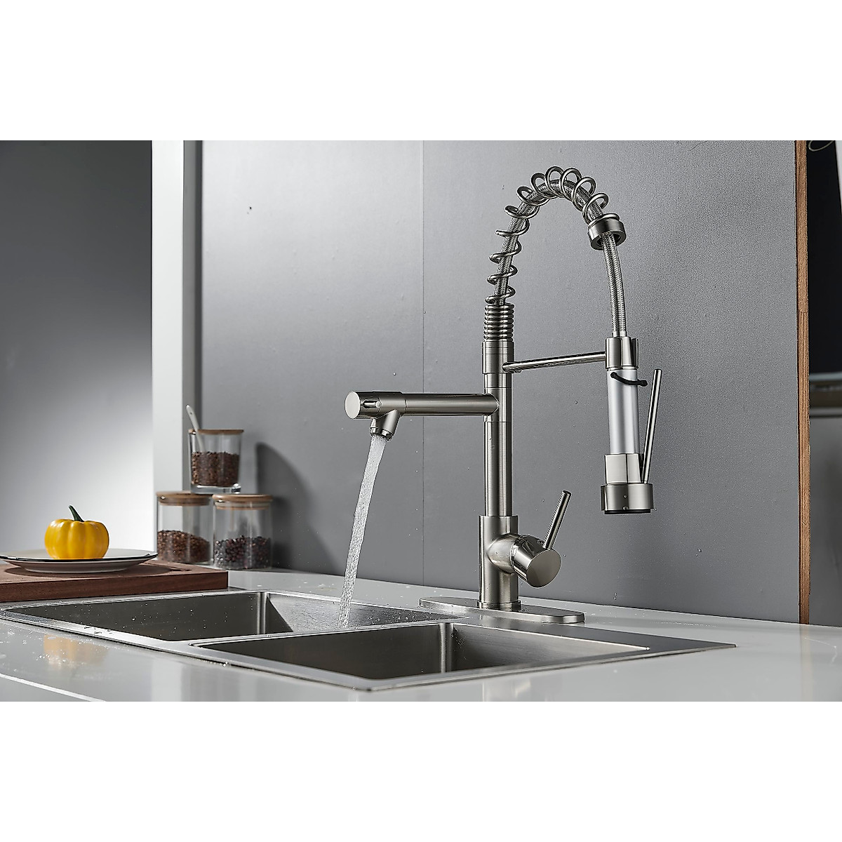 ALPHYSE Kitchen Faucet with Pull Down Sprayer, Single Handle High Arc Spring Kitchen Sink Faucet, Grifo para Fregaderos De Cocina with Deck Plate, Brushed Nickel