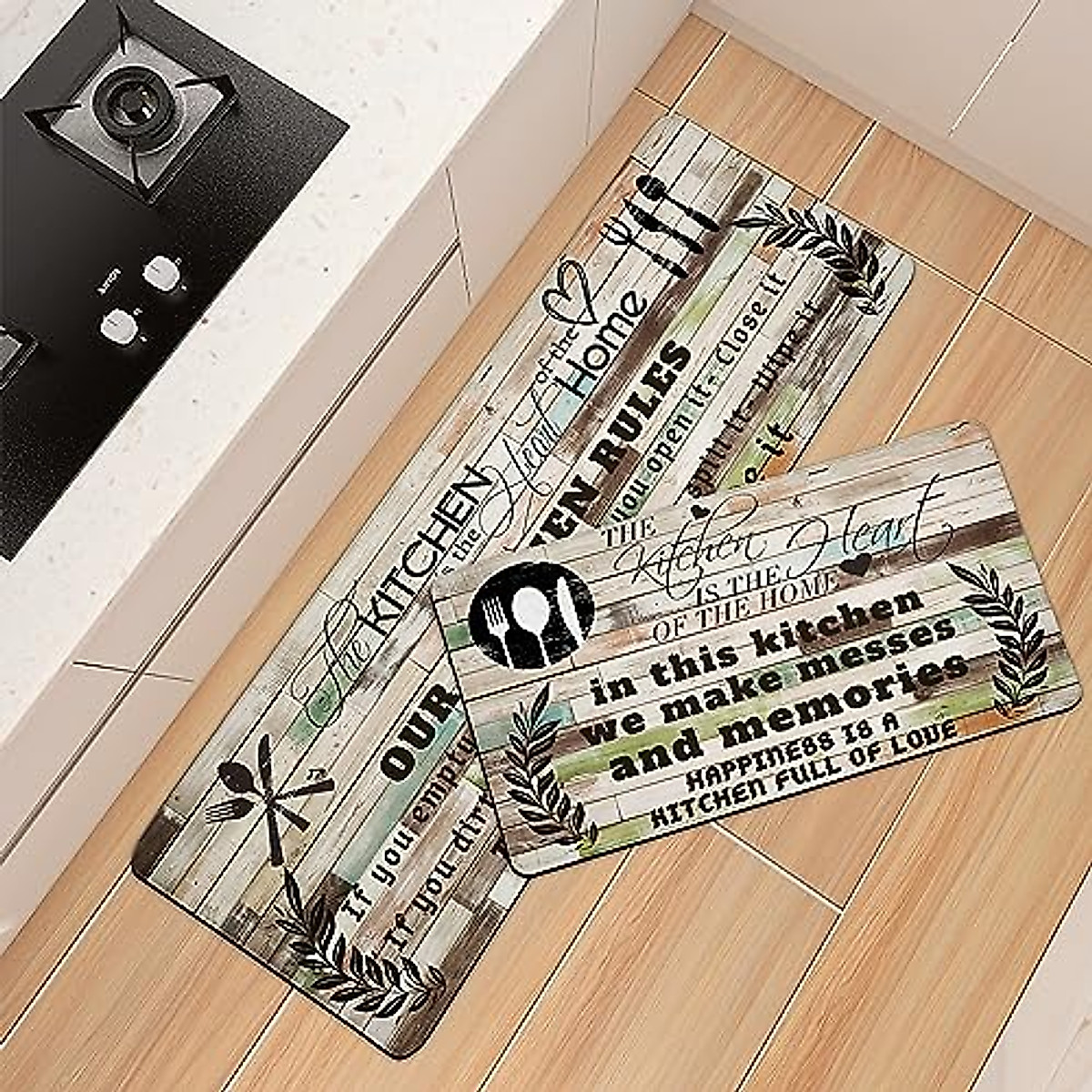 weesire Kitchen Mats for Floor Anti Fatigue Mats for Kitchen Floor Kitchen Rugs Farmhouse Style Memory Foam Kitchen Mat Cushioned PVC Leather Kitchen Rug Set, 17.3x28+17.3x47 inchs