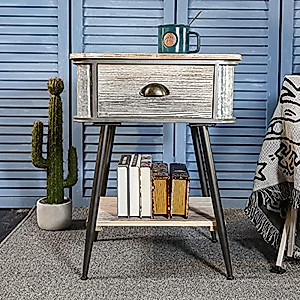 Hoeneo End Table with 1 Drawer,Solid Wood Sofa Side Table,Bedroom Storage Nightstand,Rustic Furniture Easy Assembly (Grey)