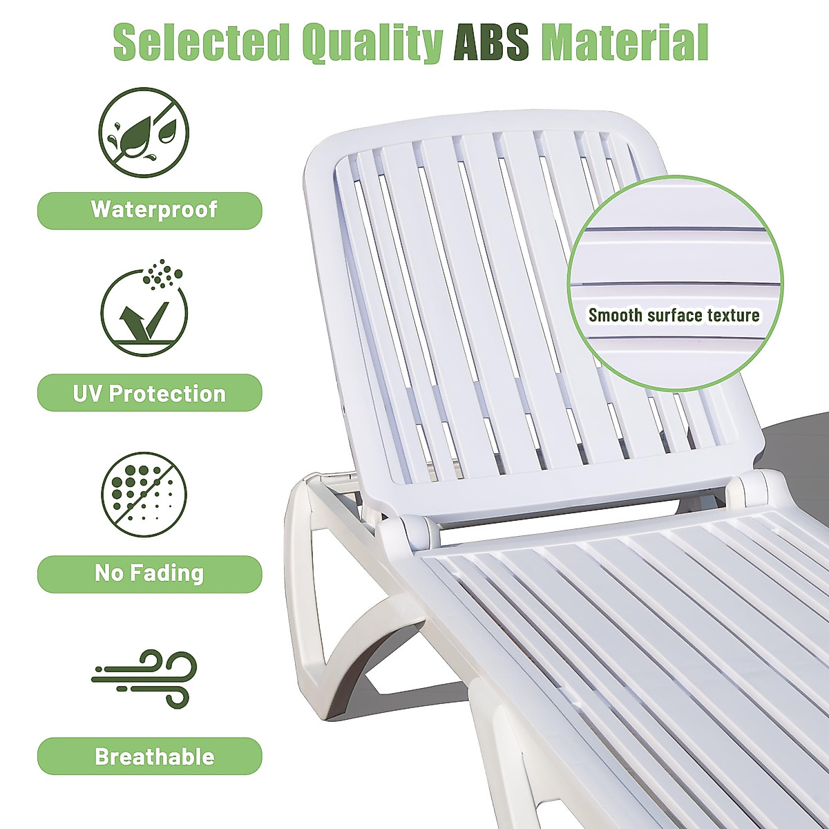 Domi Pool Lounge Chair, Patio Chaise Lounge with 5 Position Adjustable Backrest and Wheels, All Weather Plastic Outdoor Lounge Chairs for Deck Lawn Backyard, White