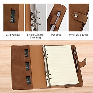 FYY Leather A5 Binder 6 Ring Binder Notebook - PU Leather Refillable Notebook with Binder Pockets, Dividers, Refill Paper, Brown Journal Notebook