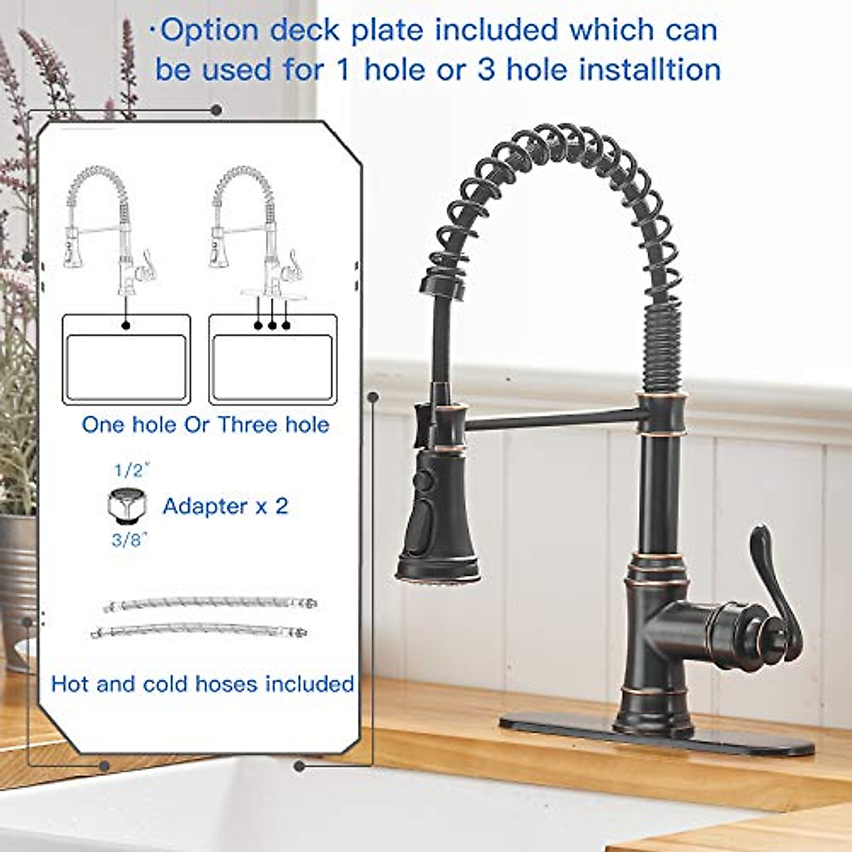 BWE Oil Rubbed Bronze Deck Mount Kitchen Faucet with Spray, Sweep, and Stream Modes