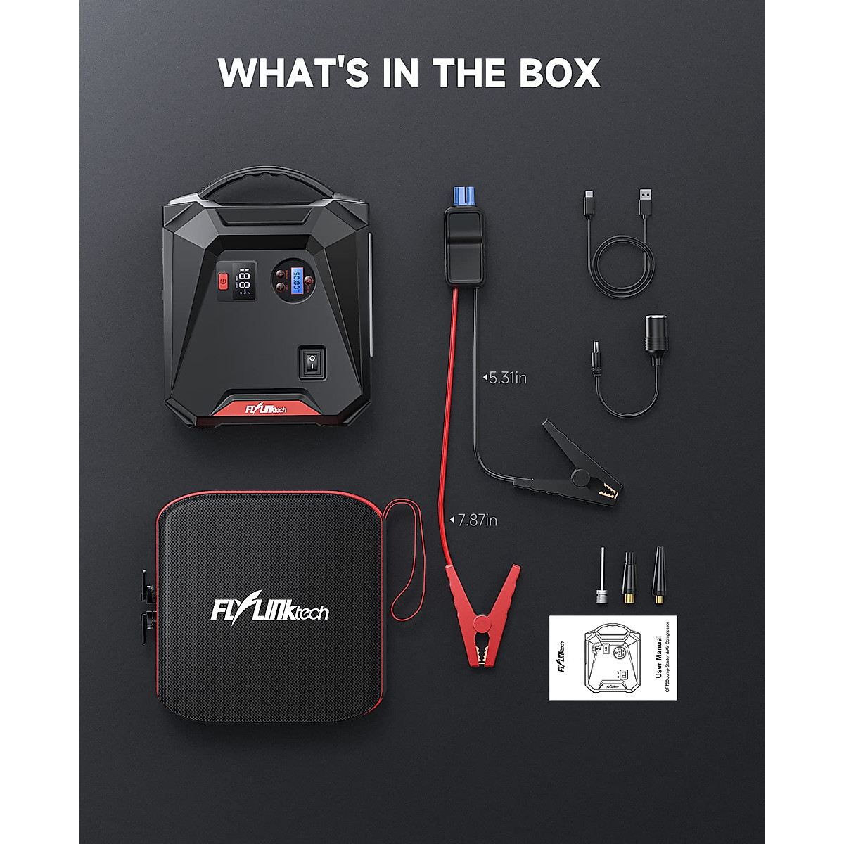 Car Jump Starter with Air Compressor, 2500A Peak 24000mAh Portable Jump Starter Car Battery Charger Moto Battery Booster Power Pack (All Gas or 8.0L Diesel) Emergency Auto Battery Booster Pack