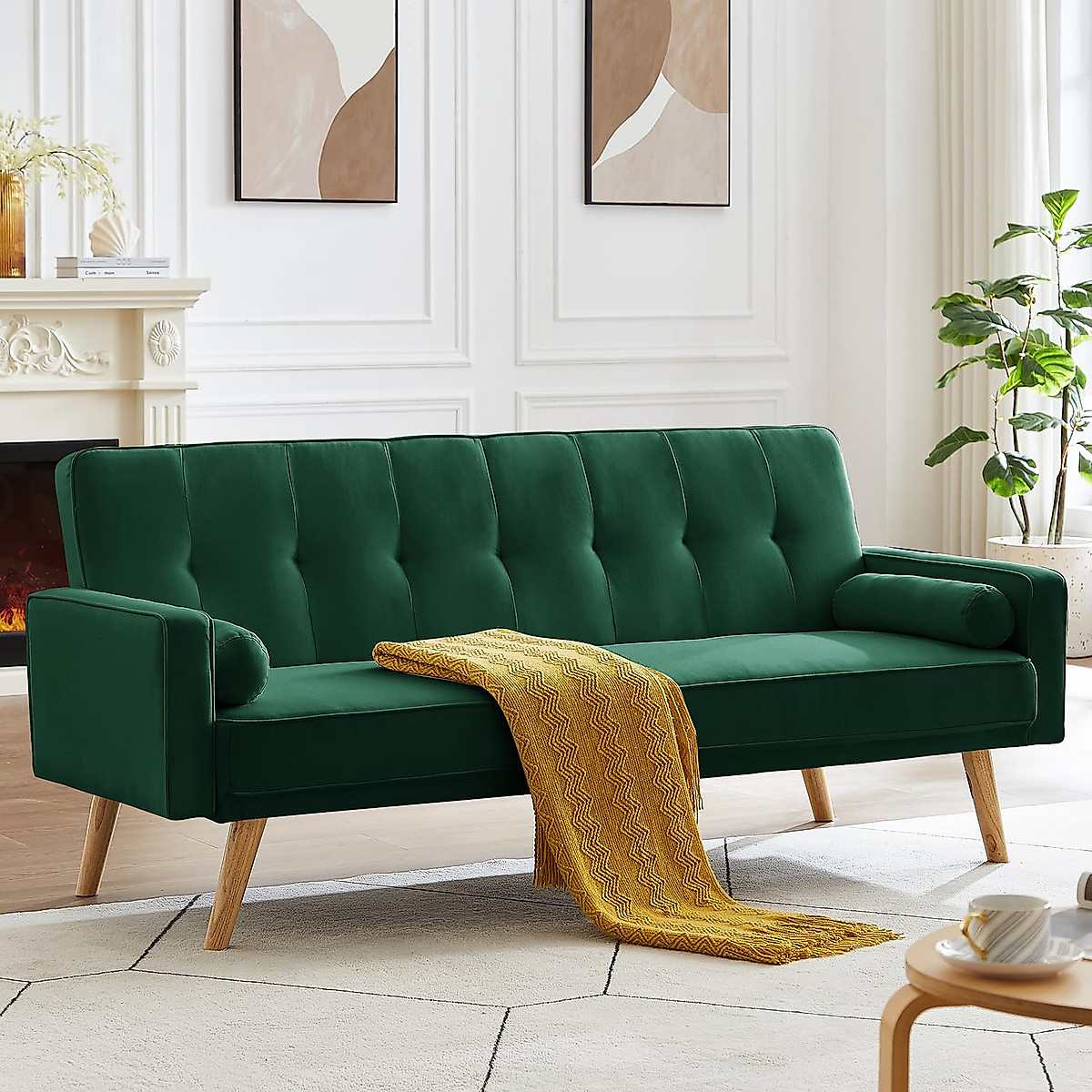 Anwickmak Blue Velvet Couch, Small Sleeper Sofa Love Seat Includes 2 Pillows, 58" Tufted Loveseat Sofa, 4 Golden Metal Legs, Mid Century Modern Sofas for Living Room and Bedroom (Beige)