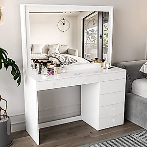 Boahaus Joan Vanity Makeup Desk with 7 Drawers, Wide Hollywood Vanity Mirror, No Lights Add-on Included, White Vanity Painted Makeup Table, Vanity Dresser with Mirror for Bedroom (New Version 04/2023)