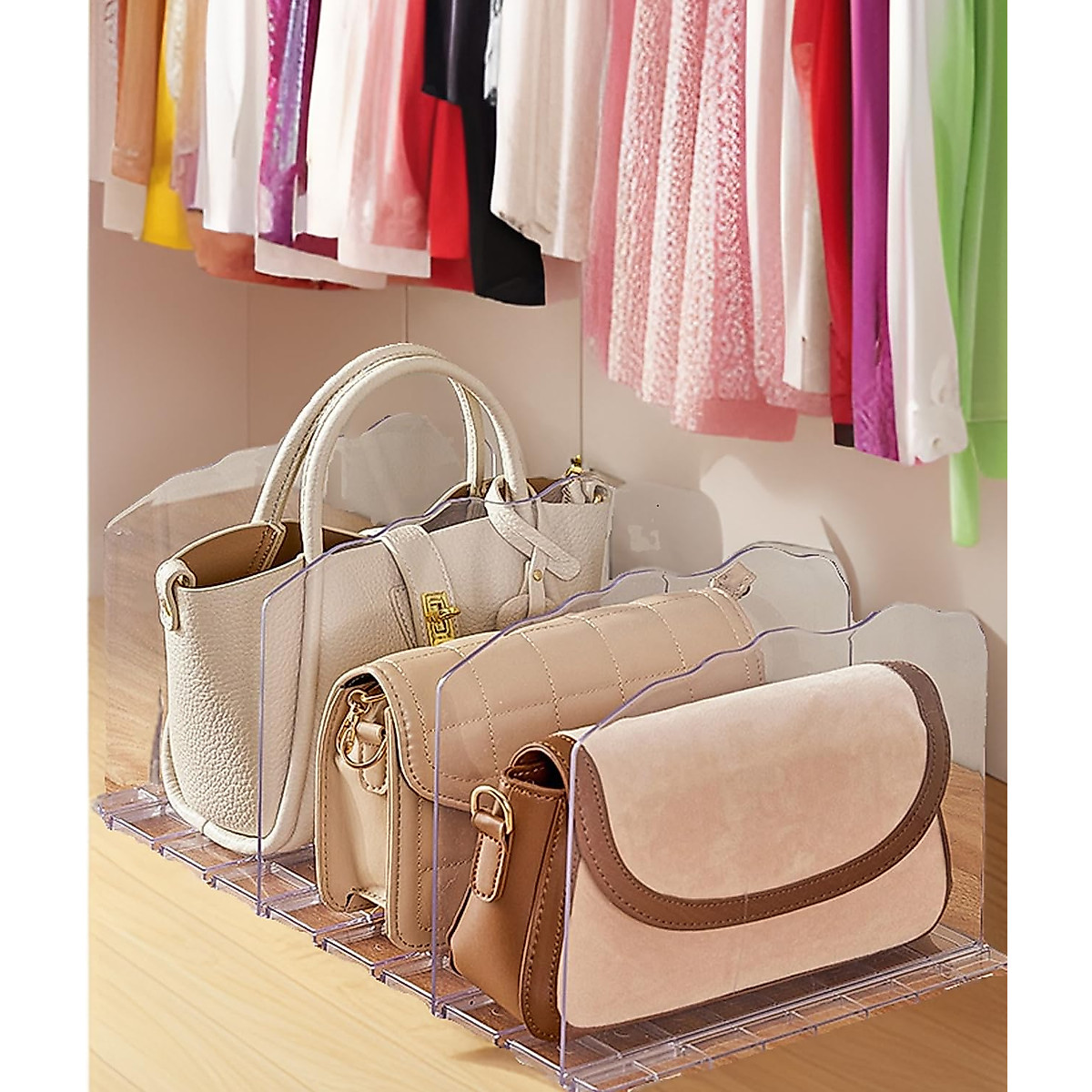 2 Pack Bag & Purse Organizer for Closet,Adjustable Clear Handbag Storage Shelf-Plastic Clutch Dividers|Keep Purses upright Closet,Dividers Divider Closet Organizer,Separators Bookshelf Separator