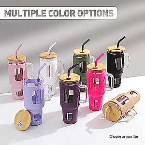 WINSA Glass Tumbler with Straw and Lid, 40 oz glass cup with handle, Glass Water Bottles with Time Marker,Two Straw - Boba Straw & Drinking Straw Silicone Protective Sleeve-Dark Purple