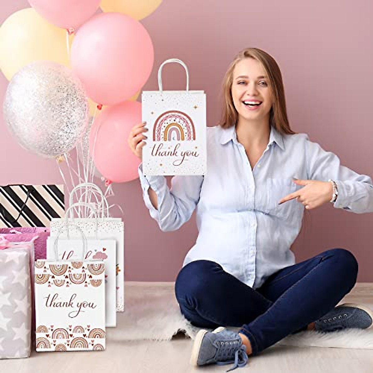 20 Pcs Rainbow Thank You Bags Boho Rainbow Thank Party Bags with Handles Goodie Treat Candy Paper Bags White Kraft Paper Bags Party Favor Bags for Wedding Birthday Baby Shower Party Favors