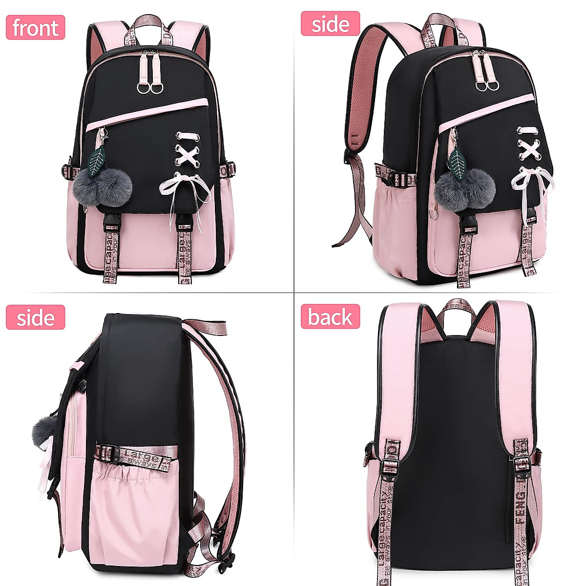 FENGDONG Teenage Girls Bookbag School Backpack Children Casual Daypack Schoolbag for Teens Black Pink