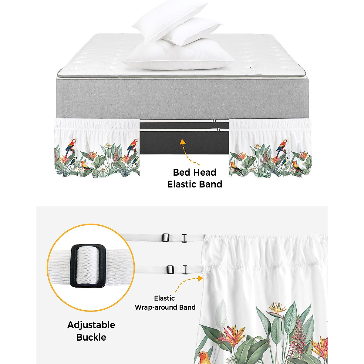 Tropical Flowers Bed Skirt Queen Size 16 Inch Drop,Adjustable Elastic Wrap Around Bed Skirts Pleated Luxury Dust Ruffles for Twin Full Queen Cal King Bed,Palm Tree Leaves Bird Rustic Greenery Plant