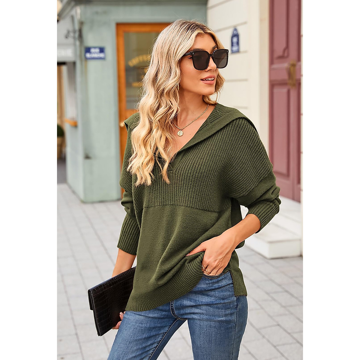 Womens 2024 Fall Lapel Collar Long Sleeve V Neck Ribbed Knit Loose Casual Pullover Sweater Jumper Top Army Green M