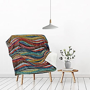 QiyI Plush Sherpa Fleece Throw, Soft Fuzzy Velvet Warm Winter Blanket for Kids Adults, Luxury Microfiber Flannel Thick Blanket for Sofa Couch Bed, 50 x 60 Inches, Wavy Bohemian Print