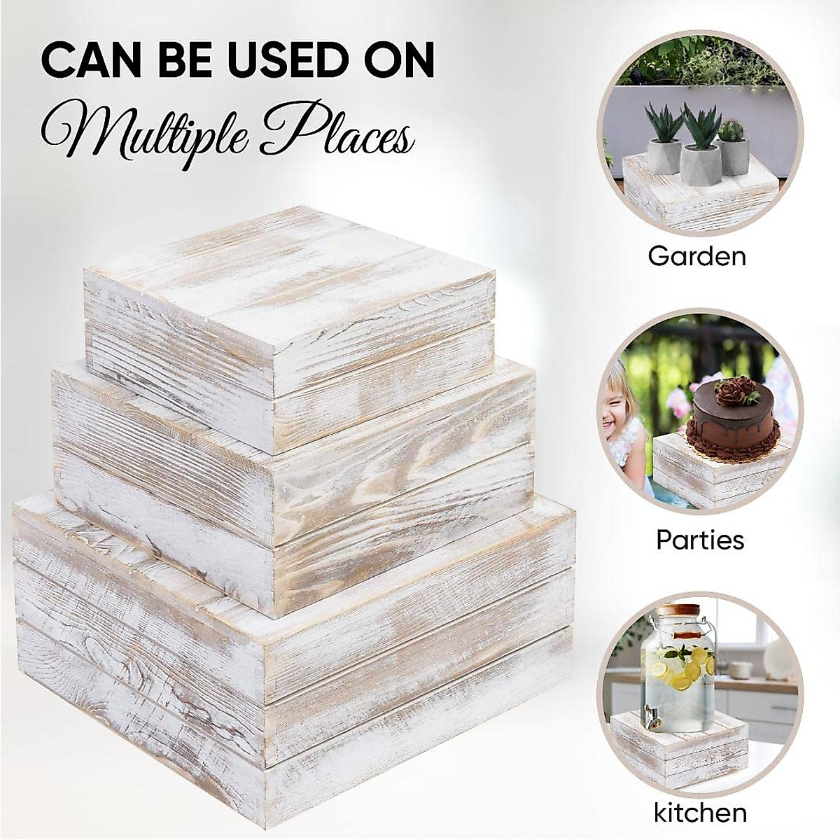 3 Pcs Whitewashed Square Wood Display Stand , Crate Style Cake Stand , Risers for Cupcake , Appetizer Dessert Rustic Cupcake Stand , Stackable Wood Cake Stand , Risers for display , Plant Riser.