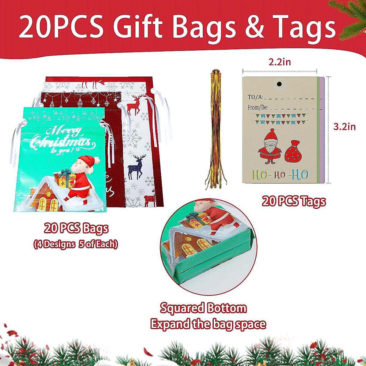 Christmas Gift Bags Assorted Sizes - 20PCS Drawstring Christmas Bags for Presents, Christmas Wrapping Bags Bulk, Plastic Xmas Favor Bags, 4 Designs (5 of Each) Extra Large/Big/Medium/Small Sizes