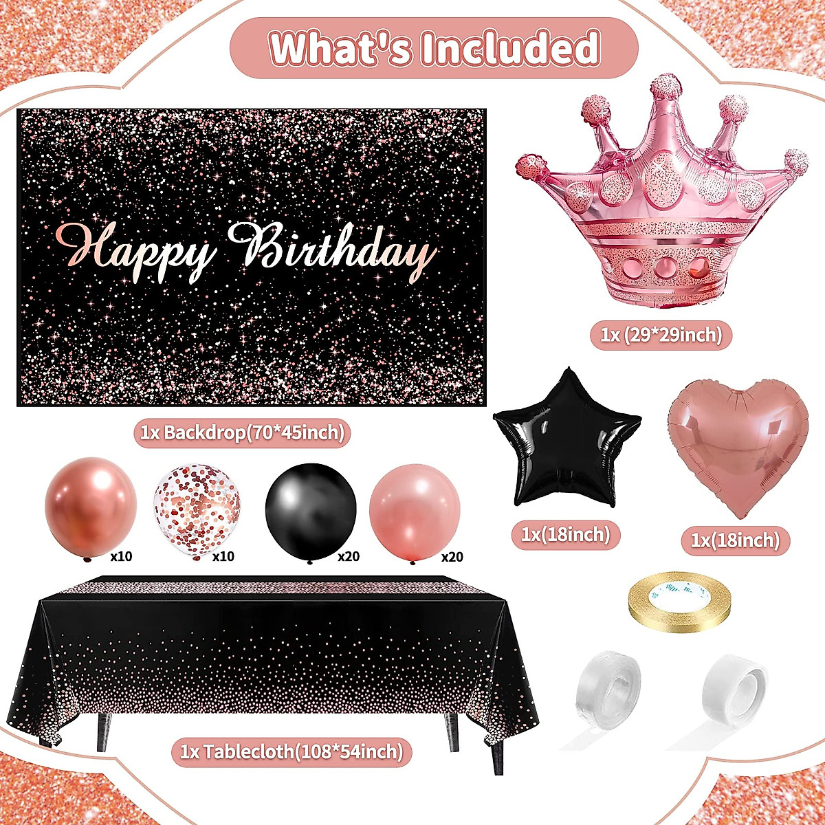 Black and Rose Gold Party Decorations, Rose Gold and Black Balloon Garland Kit with Birthday Backdrop Tablecloth for Women Girls Rose Gold Black Birthday Party Decorations Supplies
