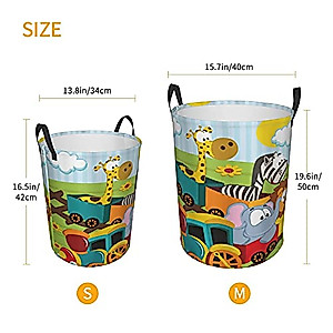 Laundry Basket,Cartoon Baby Safari Wild Animals In A Train With Striped Backdrop Toys Artwork,Large Canvas Fabric Lightweight Storage Basket/Toy Organizer/Dirty Clothes Collapsible Waterproof For College Dorms-Large