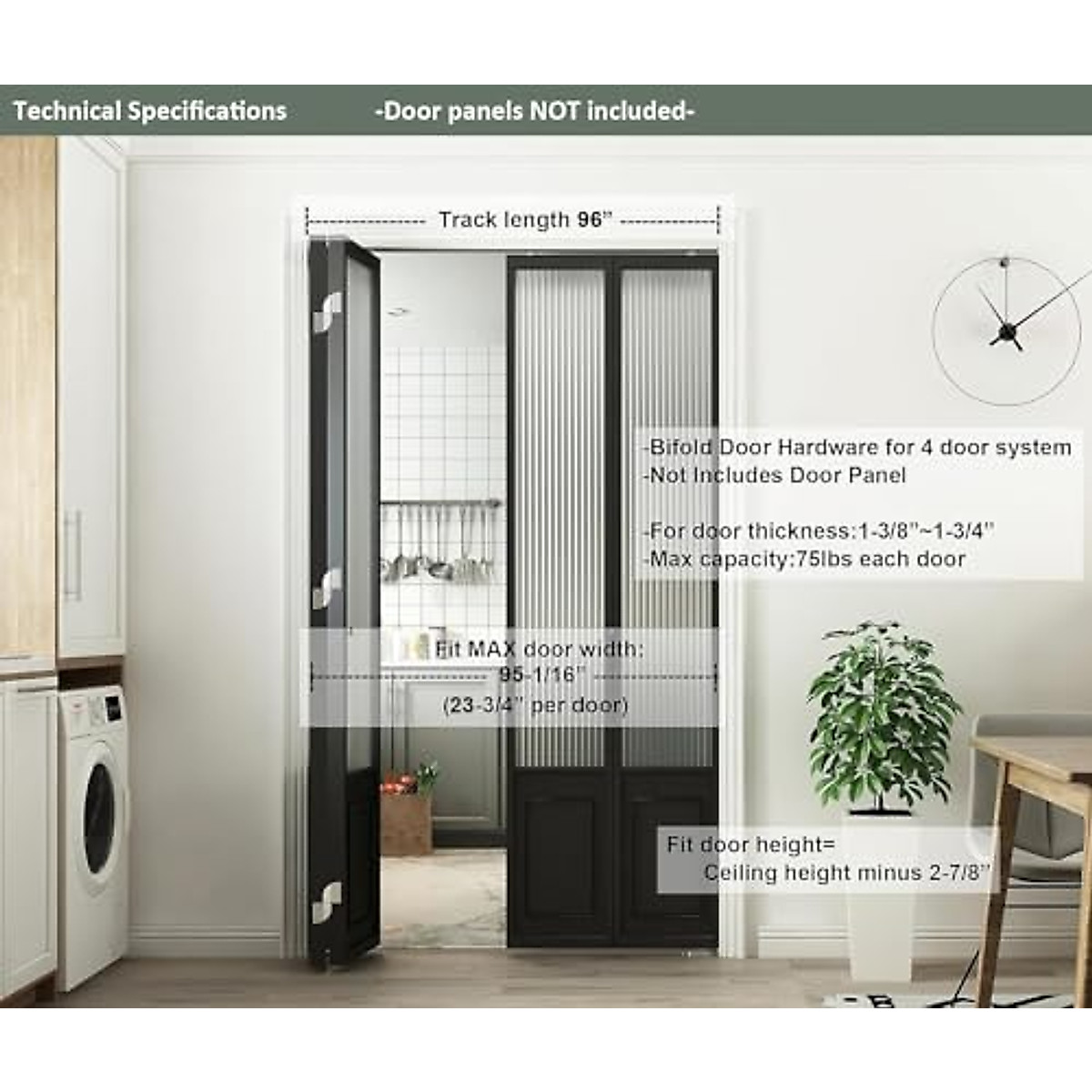 DIYHD 96" Bifold Interior Door Hardware,Ceiling Mount Bi Folding Closet Door Kit for 4 Door,Fit Door Width 95-1/16",No Door