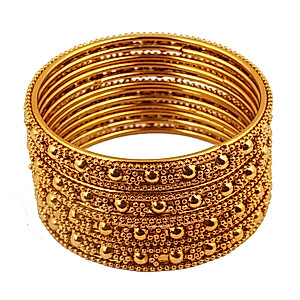 Touchstone "Golden Bangle Collection Indian Bollywood Ethnic Filigree with Modern Twist Charming Look Thick Designer Jewelry Bangle Bracelets Set of 4 for Women in Antique Gold tone.
