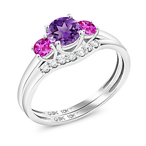 10K White Gold Purple Amethyst and Pink Sapphire and White Lab Grown Diamond 3-Stone Bridal Engagement Wedding Ring Set For Women (0.78 Cttw, Gemstone February Birthstone, Round 5MM, Size 9)