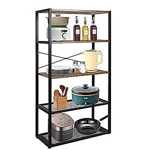 NO MORE TAG 5-Tier Kitchen Baker's Rack Metal Shelving Unit Heavy Duty Free Standing Baker's Rack for Kitchens Microwave Oven Storage Rack Coffee Station Rustic Brown