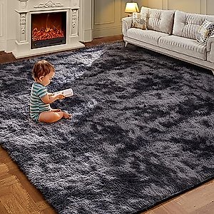 Luxury 8x10 Large Area Rugs for Living Room, Super Soft Fluffy Modern Bedroom Rug, Big Indoor Thick Soft Nursery Rug, Non-Skid Nursery Faux Fur Carpet for Kids Room Home Décor, Tie-Dyed Dark Gray