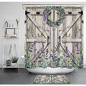 LB Western Barn Door Shower Curtain Sets with Rugs Purple Lavender and Green Eucalyptus Wreath Fabric Shower Curtain with Hooks Rustic Wood Board Bathroom Curtains Shower Set, 72x72 inches