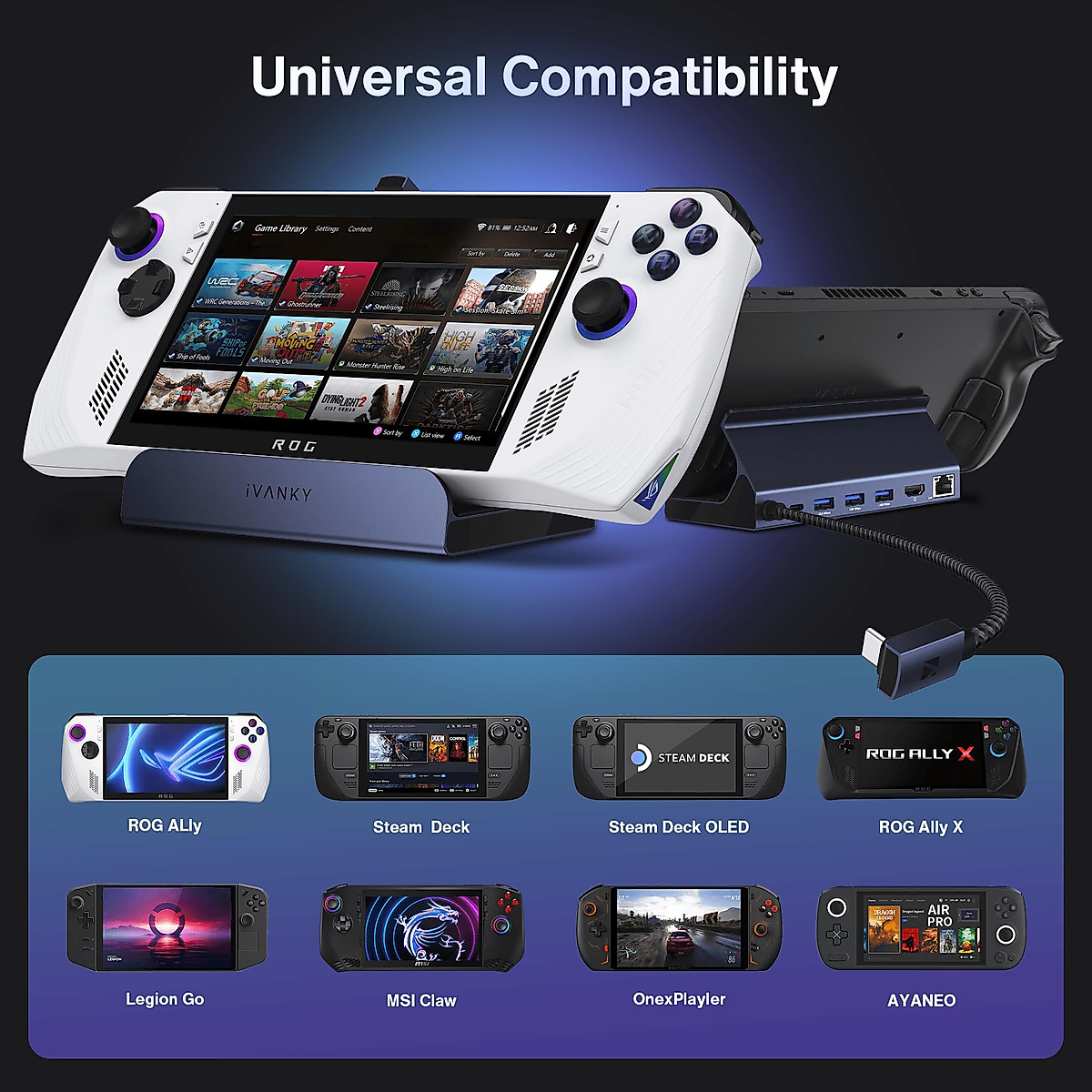 iVANKY 8-in-1 Docking Station 4K@120Hz for ASUS ROG Ally X/Valve Steam Deck OLED/Lenovo Legion Go/MSI Claw, ROG Alloy/Stream Deck Dock Hub with HDMI, 1Gbps Ethernet, 3*USB-A 3.0, 100W USB-C Charge