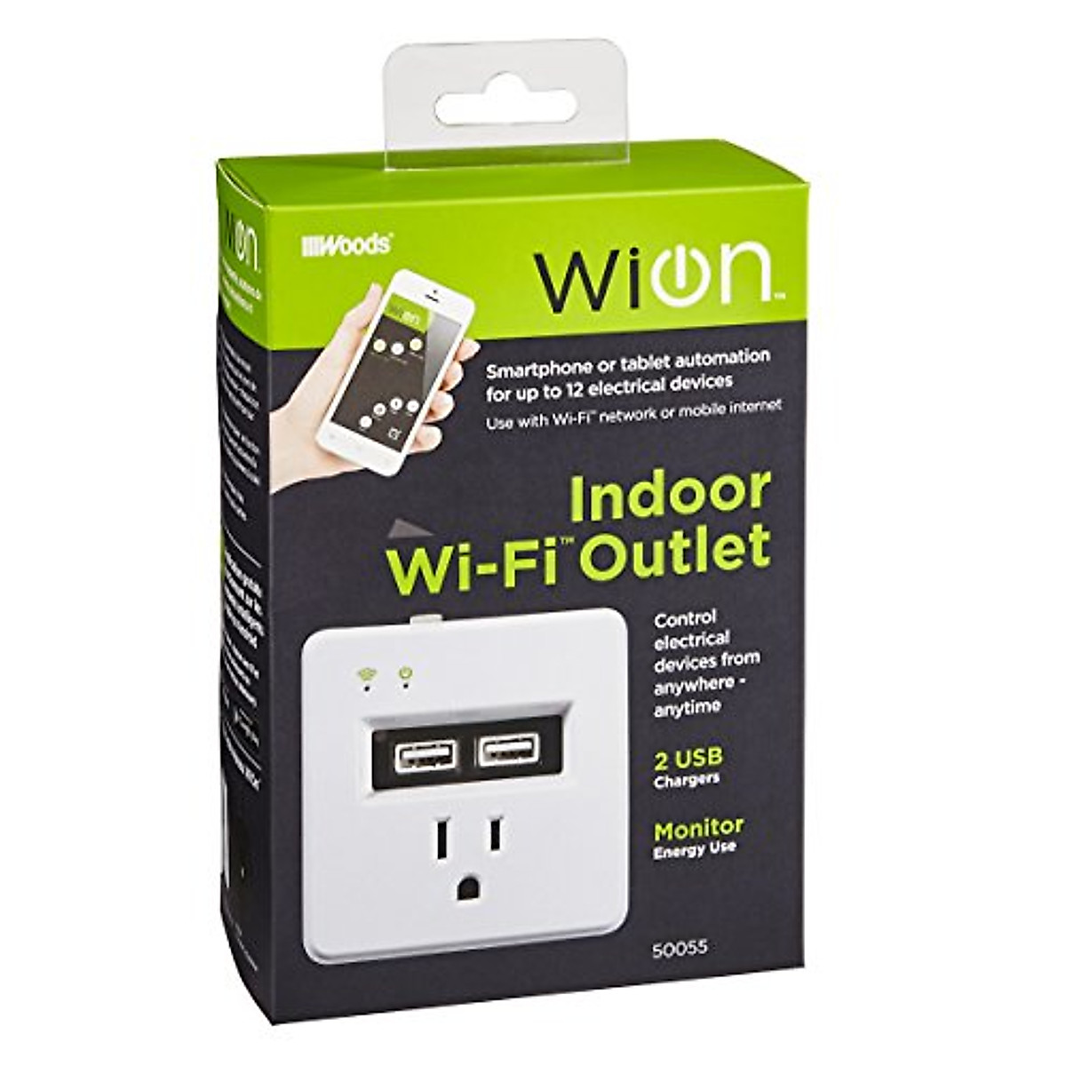 WiOn 50055 Indoor Wi-Fi Plug-In USB Wall Tap, 1 Grounded Outlet, 2 USB Ports