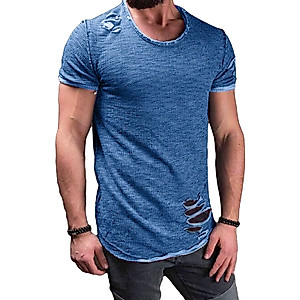 Maiyifu-GJ Men's Crew Neck Ripped T-Shirts Casual Muscle Workout Athletic Shirt Solid Color Short Sleeve Destroyed Holes Tee (Blue,4X-Large)