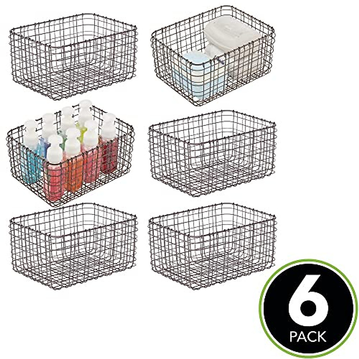 mDesign Farmhouse Metal Bathroom Storage Organizer Bin Basket for Vanity, Towels, Cabinets, Shelves - Holds Sponges, Make-Up, Shampoo, Conditioner, Cosmetics, Hand Towels - 12" x 9" - 6 Pack - Bronze