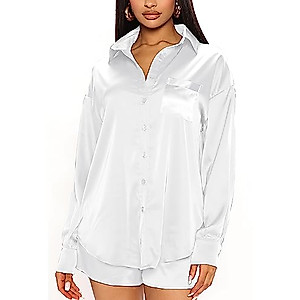 SWOMOG Women's Silk Lounge Sets 2 Piece Outfit Pajama Set Satin Button Down Tops Summer Silk Long Sleeve Shirts with Pocket White