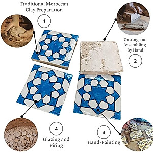 Spanish Blue Ceramic Tile Painted 4x4 - Moroccan Hand Painted Tile Zellige for Kitchen Backsplash, Outdoor/Indoor Tiles Bathroom or Shower Tile, Handmade Ceramic Tile Simple (4 Tiles)