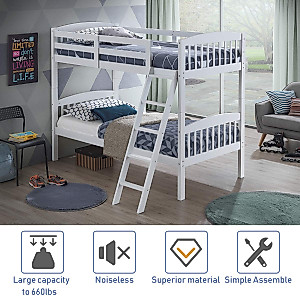 GOFLAME Twin Over Twin Bunk Beds, Convertible Into Two Individual Solid Rubber Wood Beds, Space Saving Design, Children Stylish Sleeping Bedroom Furniture with Ladder and Safety Rail (White)