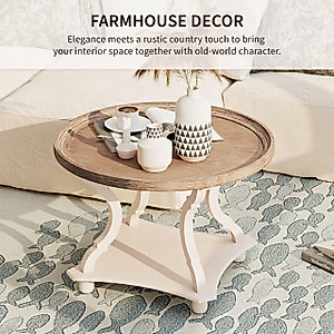 COZAYH Round Farmhouse Coffee Table with Handmade Finishes, Wood Tray Top Rustic Coffee Table for Added Thickness, Accent Table with Storage for Living,White 32“X32”X20“