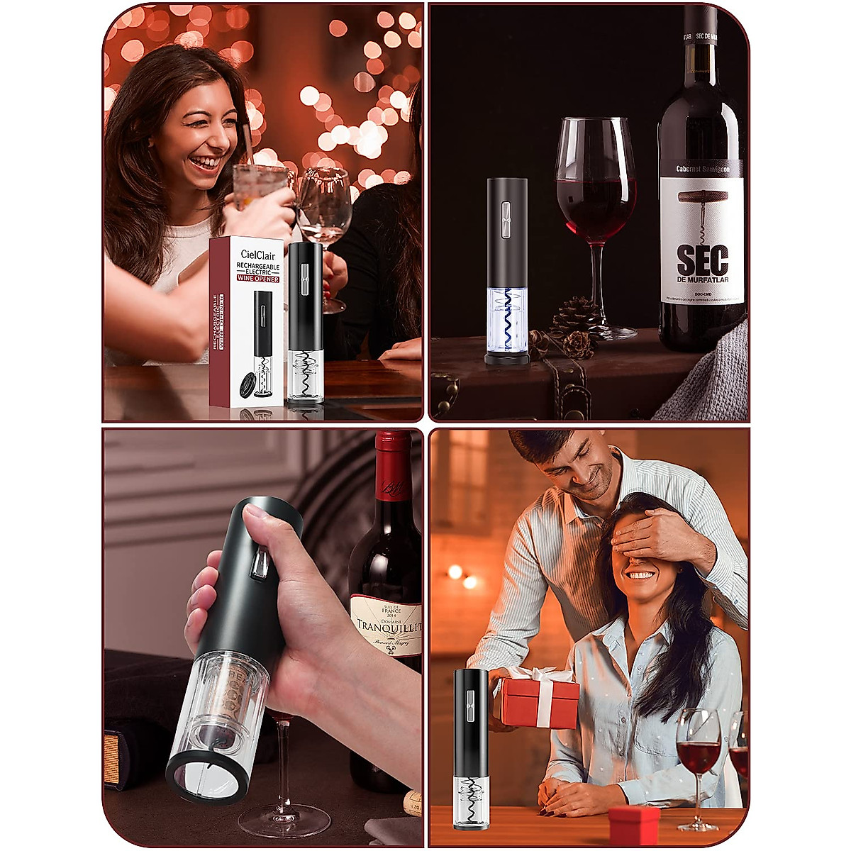Electric Wine Bottle Opener, CielClair 6-in-1 Rechargeable Automatic Corkscrew Wine Opener Set with Foil Cutter, Wine Pourer, Wine Vacuum Stopper, Mini Champagne Stopper, Reusable Wine Gifts, Black