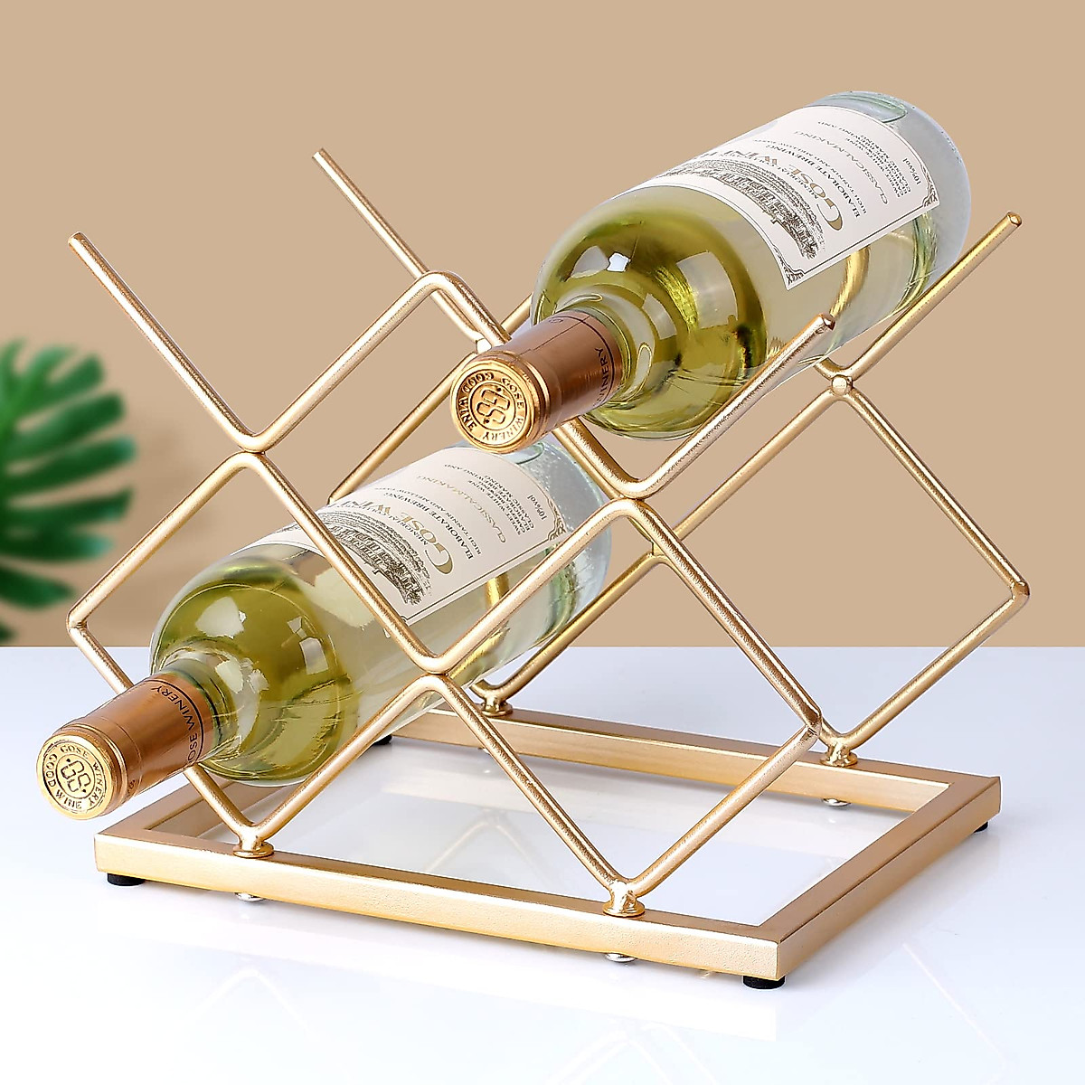 Drincarier Countertop Wine Rack - 5 Bottle Freestanding Modern Gold Metal Small Wine Rack - Tabletop Wine Holder Stand for Cabinet, Pantry, Wine Bottle Storage