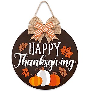 Happy Thanksgiving Wooden Front Door Sign Fall Holiday Rustic Natural Wood Round Door Hanger with Orange Buffalo Plaid Bow Wall Art with Pumpkins Autumn Leaves Decoration Ideas 12 Inches