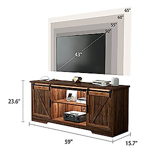 Kasibie Farmhouse 65" TV Stand, Modern LED TV Stand Brown, Entertainment Center with Storage Cabinet, Sliding Barn Door Media Cabinet (Brown)