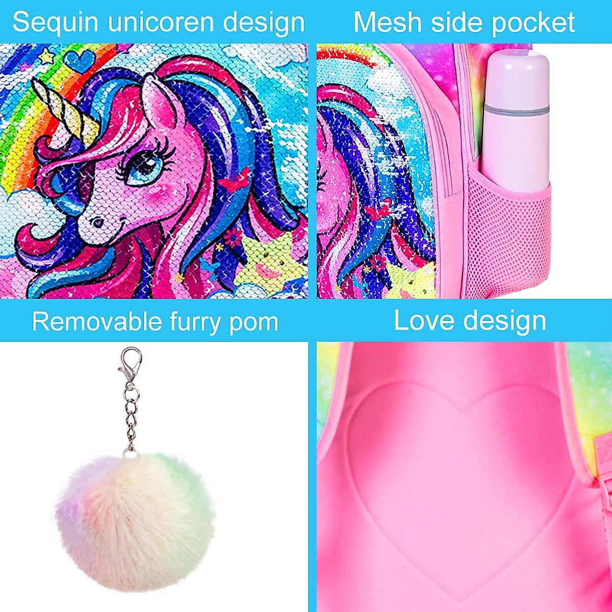 TXHVO 3PCS Unicorn Backpack, 16" Rainbow Sequin Bookbag for Girls, Elementary Preschool Preschool School Backpacks with Lunch Box - Pink