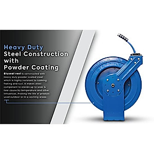 BLUSEAL BSWR5850 Retractable Hose Reel with 5/8" x 50' Hot Water Rubber Hose, 6' Lead-in, 500 PSI, Brass Fittings, Swivel Mount Hose Reel, 9 Pattern Spray Nozzle