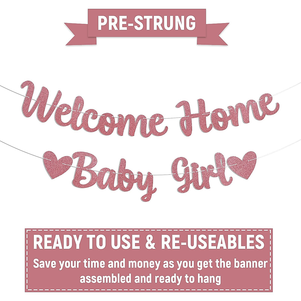 Welcome Home Baby Girl Banner - Pink Baby Shower Decorations for Girl, Gender Reveal Baby Shower Inside Outside Decoration Rose Gold Glitter