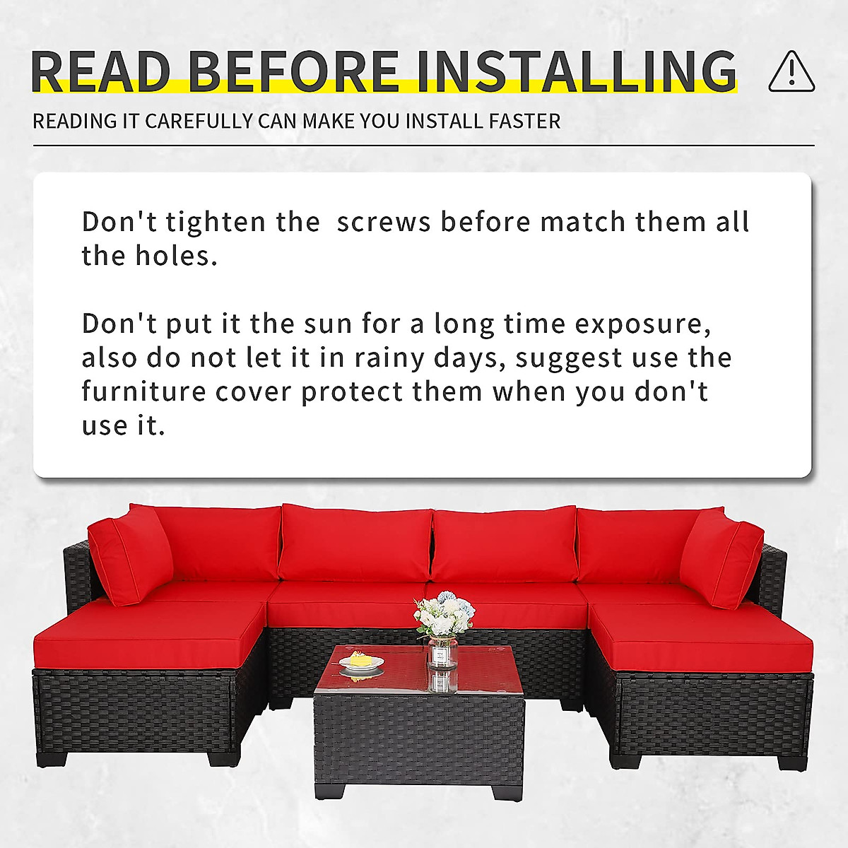 Lviden 7 Pieces Outdoor PE Wicker Furniture Set Patio Rattan Sectional Conversation Sofa Set with Red Cushions and Glass Top Table