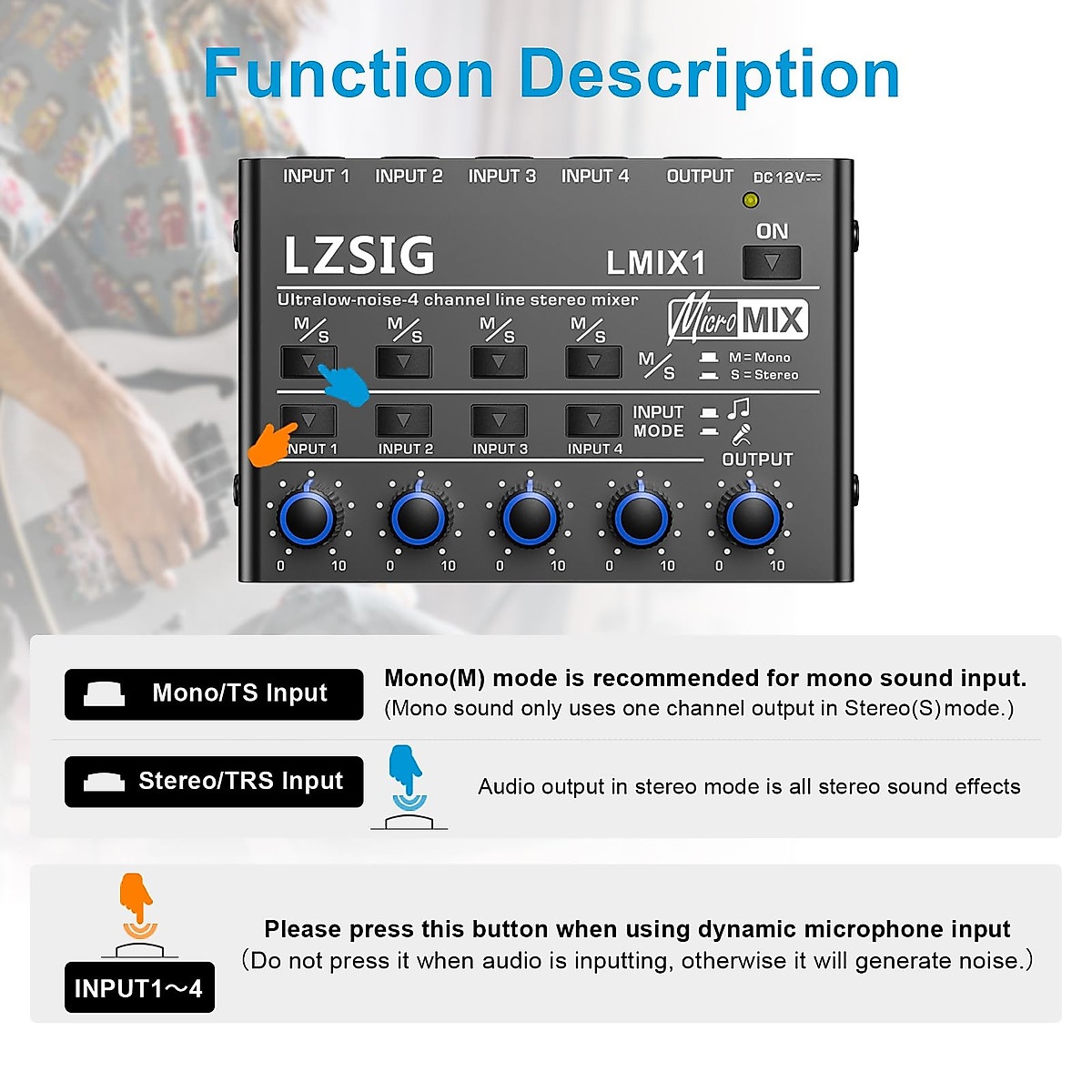 LZSIG Mini Audio Mixer,Stereo Line Mixer for Sub-Mixing,Ultra Low-Noise,4-Channel,Dynamic Microphone Independent Control, 1/4" & 1/8" TRS Output and Input,for Guitars,Bass,Keyboards (Small(4-Channel))