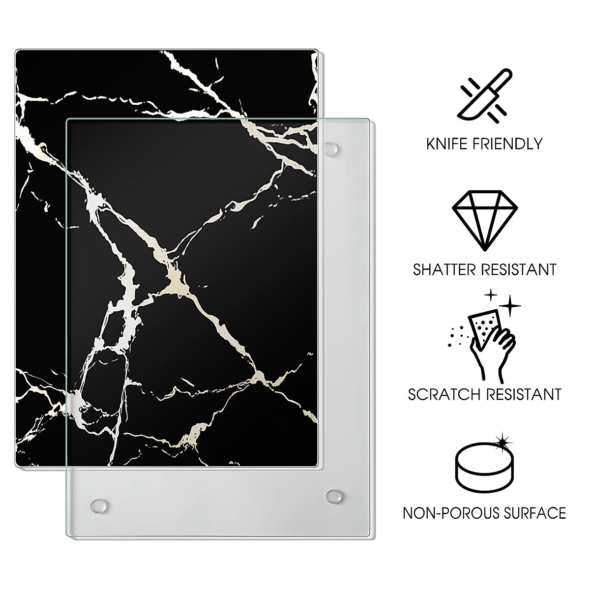 JAMBALAY Tempered Glass Cutting Board for Kitchen 12 x 16" 2 PCS, Marble Pattern Cutting Board, Chopping Board with Rubber Feet, Heat Resistant, Shatter Resistant, Dishwasher Safe, Black and Clear